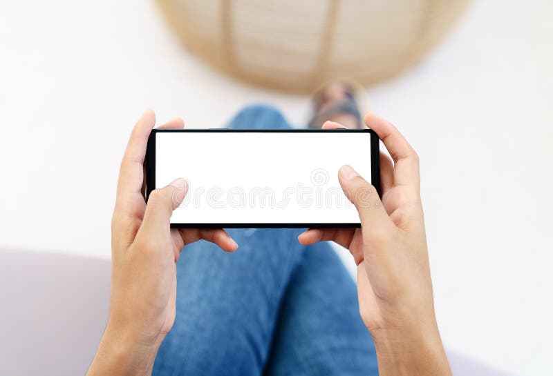 Hand Using Phone in Horizontal White Screen Display Stock Image - Image ...