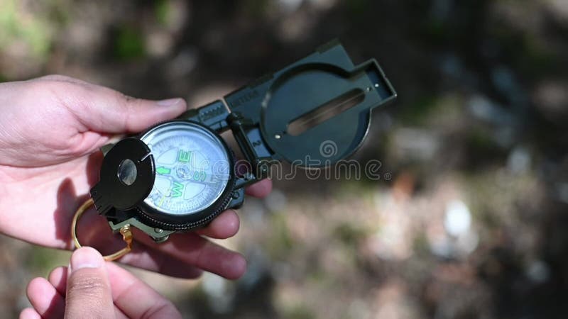 Hand Using a Compass in the Middle of the Forest, Slow Motion Stock ...
