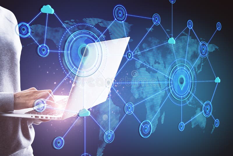 Hand Using Computer with Abstract Map and Location Pins Hologram on ...