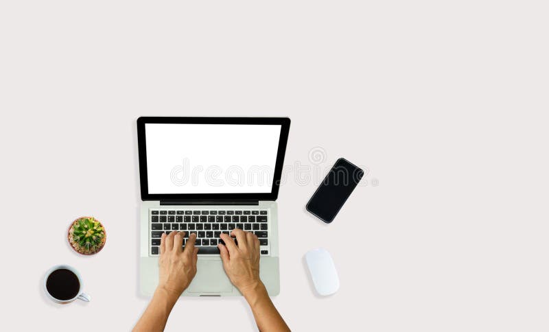 Hand Using Computer Laptop from Above on Background. Top View Stock ...