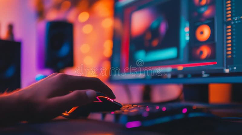 Hand Using Computer Mouse in Vibrant Workspace for Digital Editing ...