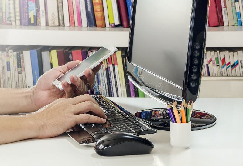 Hand Using Computer and Smartphone Stock Image - Image of business ...