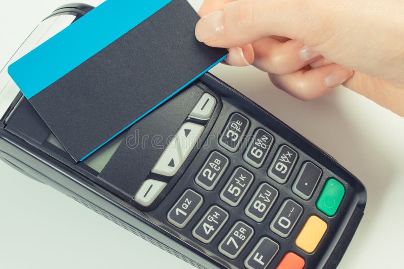 Hand Using Credit Card Reader with Contactless Credit Card. Cashless ...