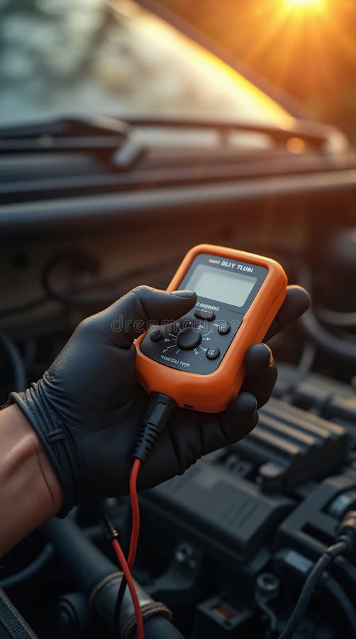 Hand Using Diagnostic Tool on Car Engine at Sunset for Vehicle ...