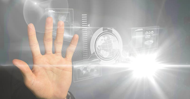 Hand Using Digital Interface Screen with Network of Icons, Globe and ...