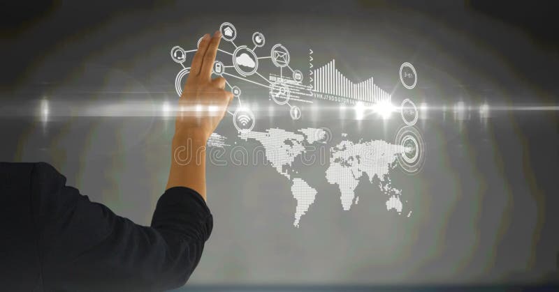Hand Using Digital Interface Screen with Network of Icons, World Map ...