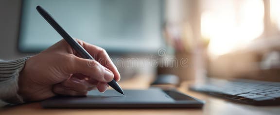 The Hand Using a Digital Pen on a Tablet in a Modern Workspace..AI ...