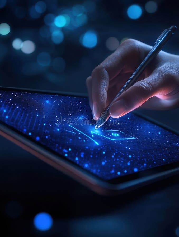 Hand Using Digital Pen on Tablet Screen To Create Glowing Star Pattern ...