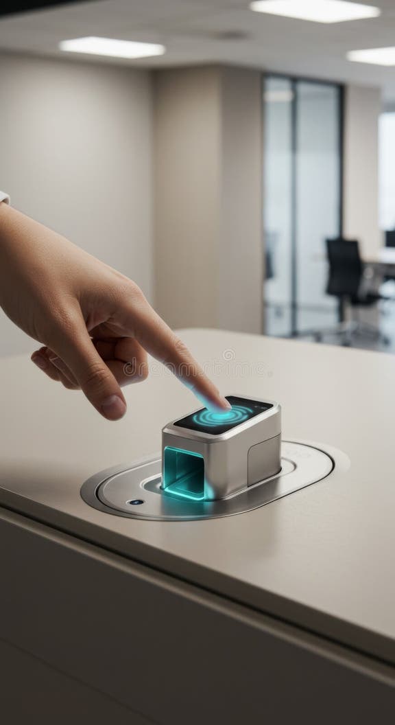 Hand Using Fingerprint Scanner in Modern Office Stock Illustration ...