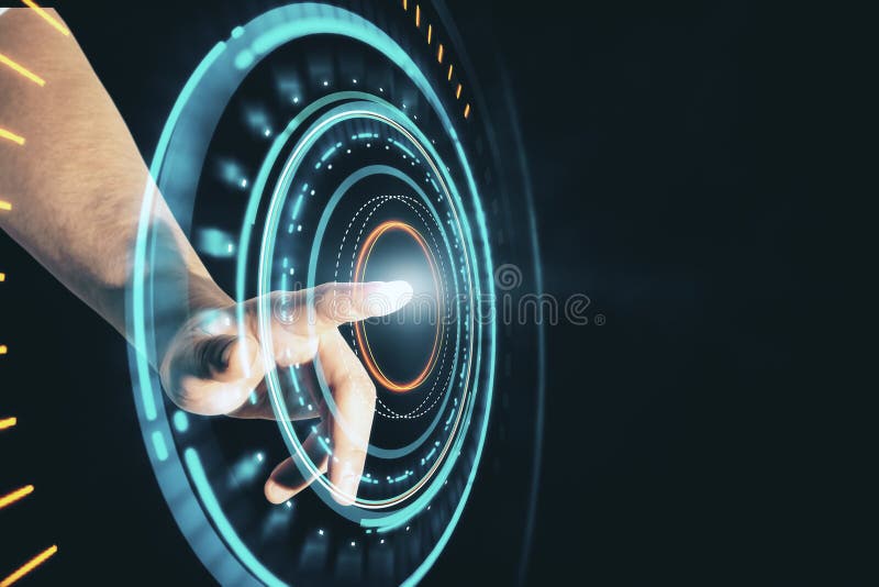 Hand Using Glowing Digital Circle Wallpaper Stock Image - Image of ...