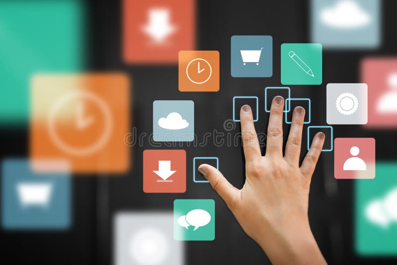 Hand Using Interactive Panel with App Icons on it Stock Image - Image ...