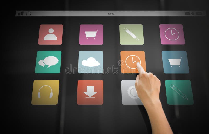 Hand Using Interactive Panel with App Icons on it Stock Photo - Image ...