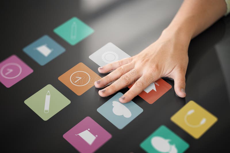 Hand Using Interactive Panel with App Icons on it Stock Image - Image ...
