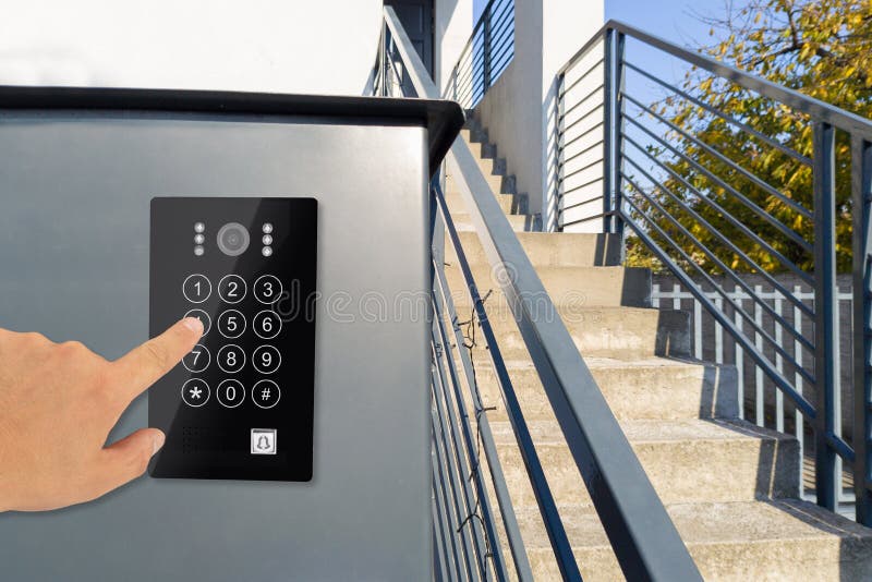 Hand Using Keypad on Modern Security System by Stairs Stock ...