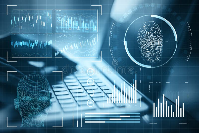 Hand Using Laptop with Abstract Glowing Blue Finger Print Interface ...