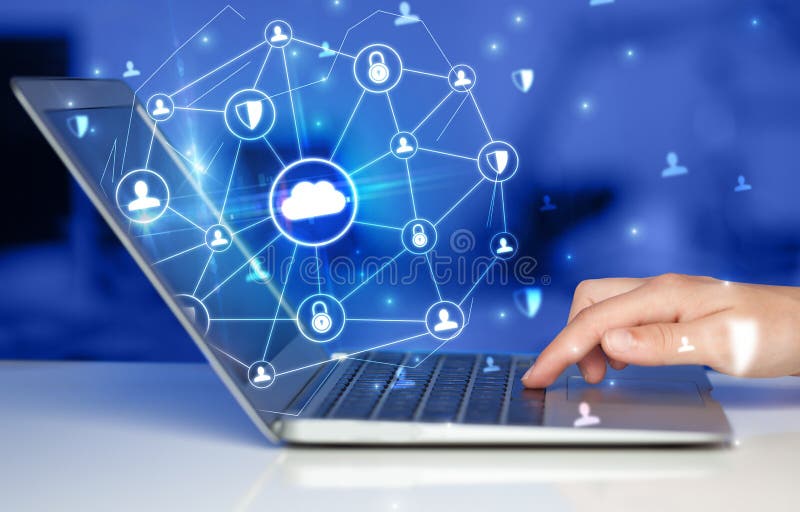 Hand Using Laptop with Centralized Linked Cloud System Concept Stock ...