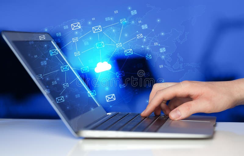Hand Using Laptop with Centralized Cloud Computing System Concept Stock ...