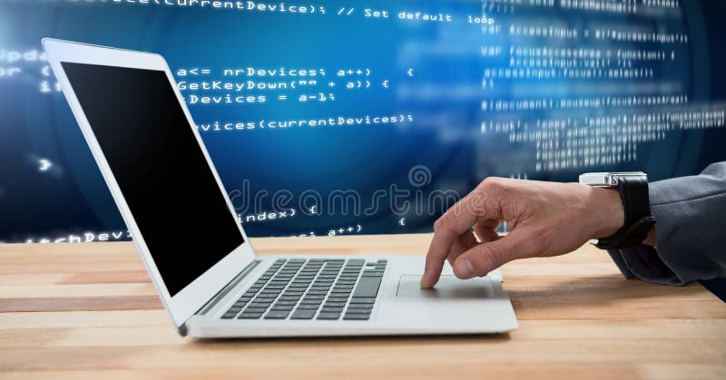 Hand Using Laptop with Coding Text Stock Image - Image of device, hand ...