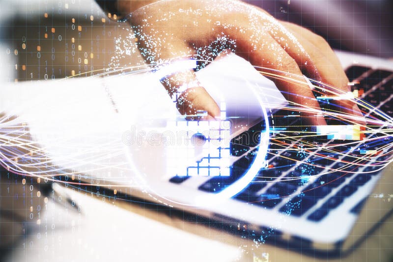 Hand Using Laptop Computer with Abstract Glowing Padlock Hologram Stock ...