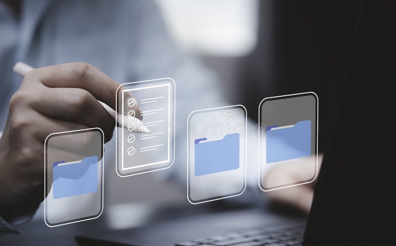 Hand Using Laptop Computer with Virtual Screen and Document for Online ...