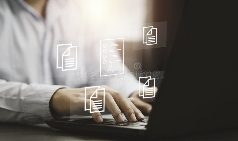 Hand Using Laptop Computer with Virtual Screen and Document for Online ...