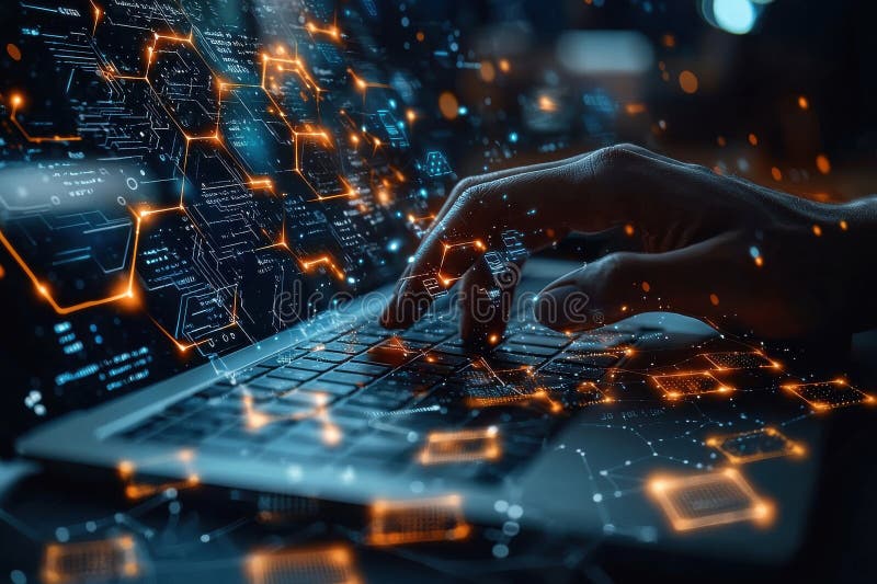 Hand Using Laptop with Digital Hexagon Interface and Futuristic ...