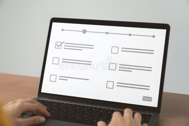 Hand Using Laptop and Filling Survey Form Online Stock Photo - Image of ...