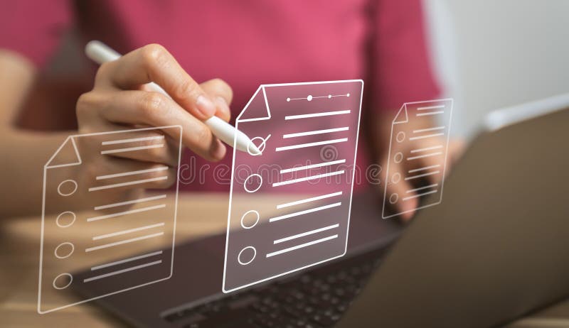 Hand Using Laptop and Filling Survey Form Online Stock Image - Image of ...