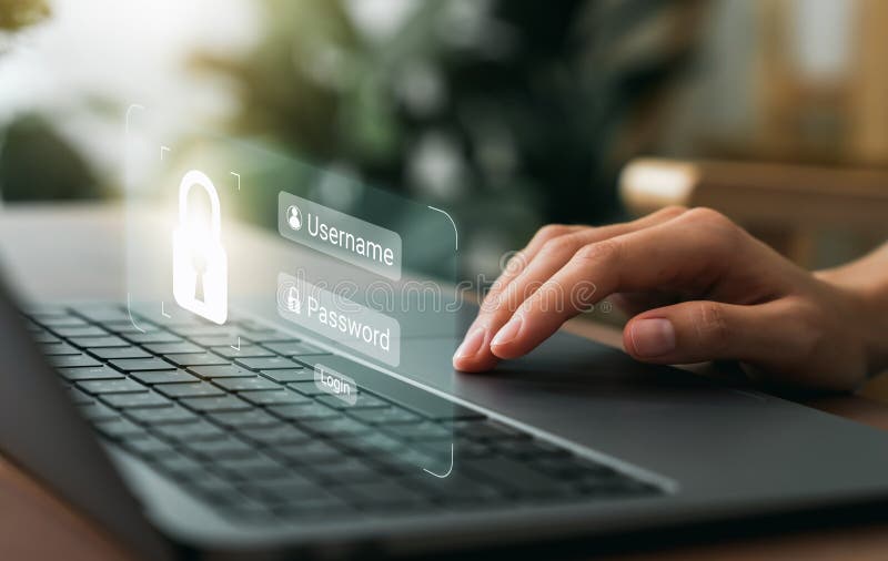 Hand Using Laptop and Press Scan To Login Screen, Private Data and ...
