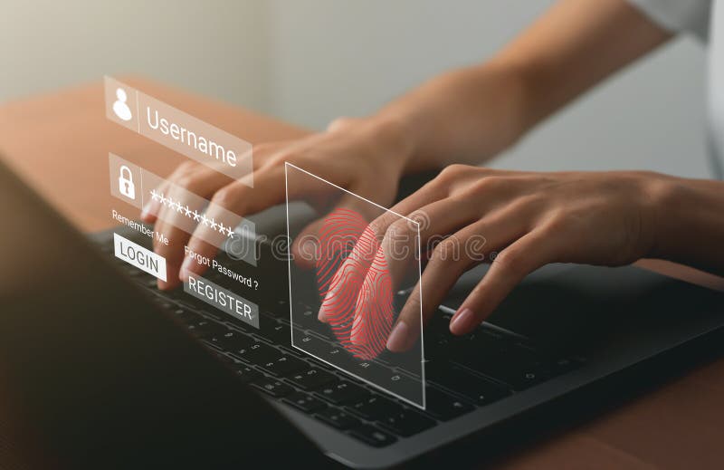 Hand Using Laptop and Press Scan To Login Screen, Private Data and ... Hand Using Laptop and Press Scan To Login Screen, Private Data and ...