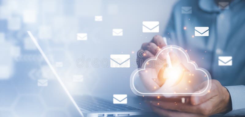 Hand Using Laptop with Touch Connect To Data Information on the Cloud ...