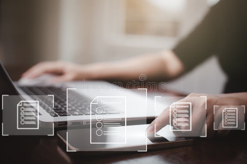 Hand Using Laptop and Touch Folder of Document Management System ...