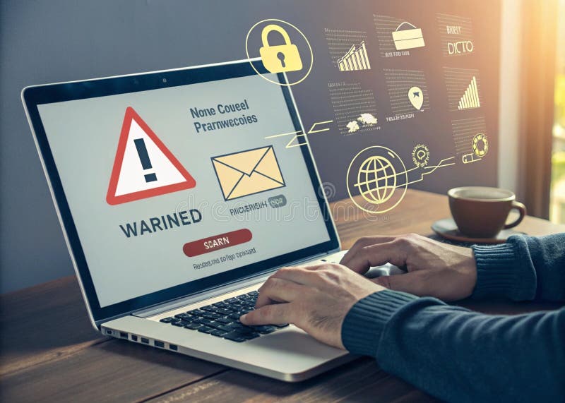 Hand Using Laptop with Warning Screen: New Email Alerts, Hacked ...