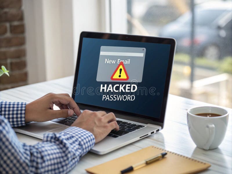 Hand Using Laptop with Warning Screen: New Email Alerts, Hacked ...