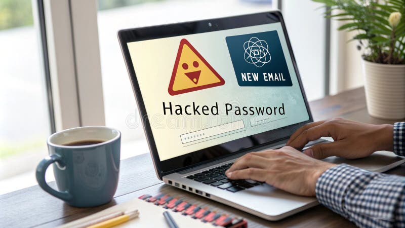 Hand Using Laptop with Warning Screen: New Email Alerts, Hacked ...