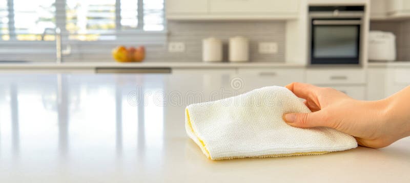 Housekeeper Cleaning Modern Kitchen Countertop Microfiber Cloth Stock ...