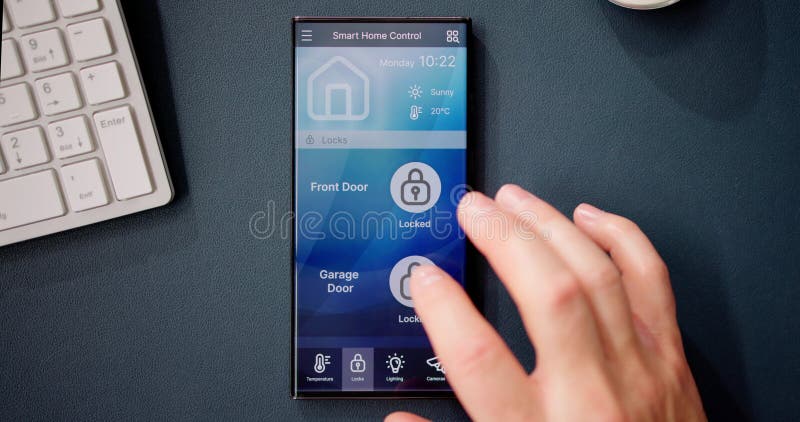 Hand Using Mobile Phone with Home Control System Stock Image - Image of ...