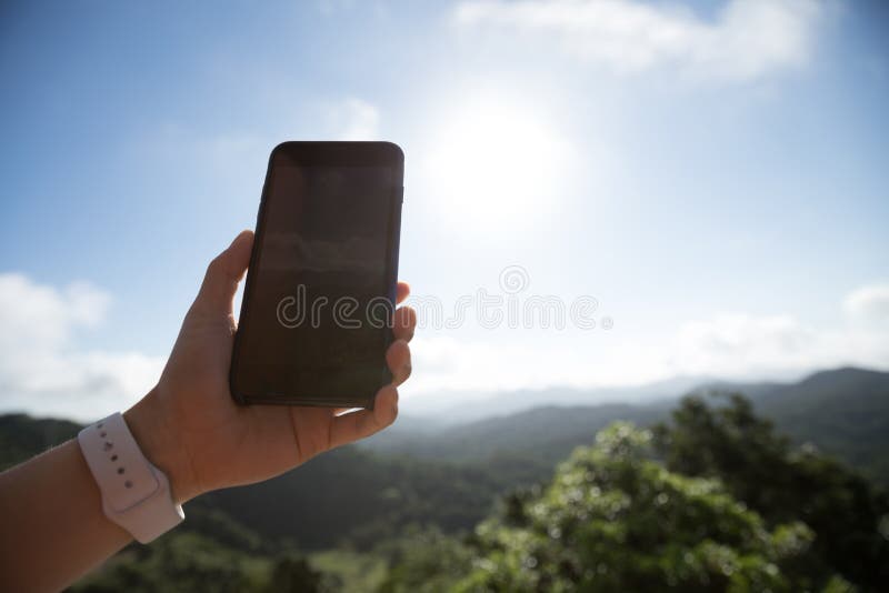 Hand Using Mobile Phone Taking Picture Stock Image - Image of hiking ...
