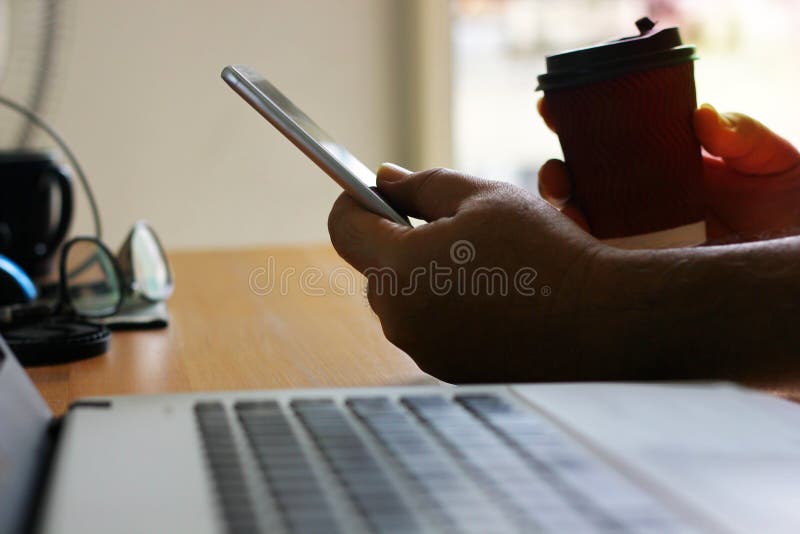Hand Using Mobile Work at Home while Right Hand Holding Delivery Hot ...