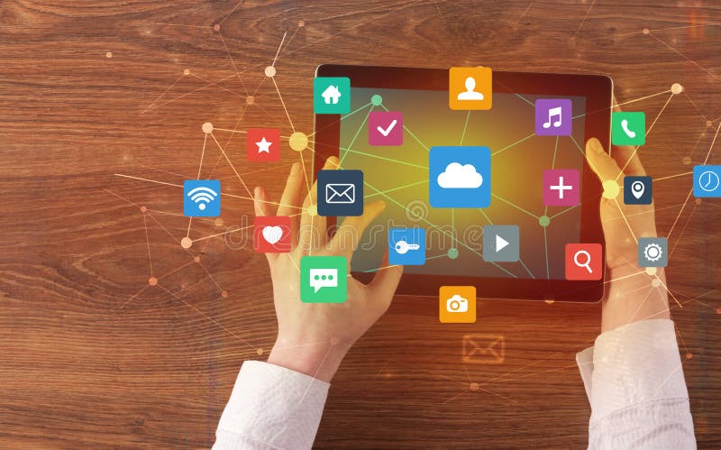 Hand Using Multitask Tablet with Application Symbols and Icons Concept ...