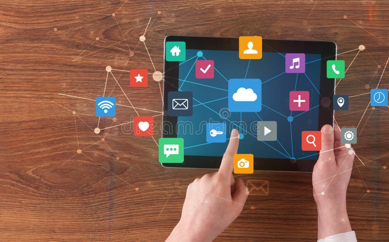 Hand Using Multitask Tablet with Application Symbols and Icons Concept ...