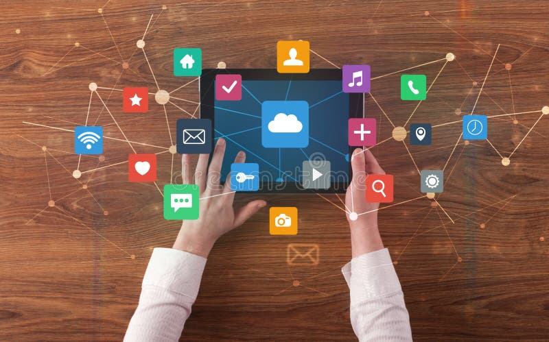 Hand Using Multitask Tablet with Application Symbols and Icons Concept ...