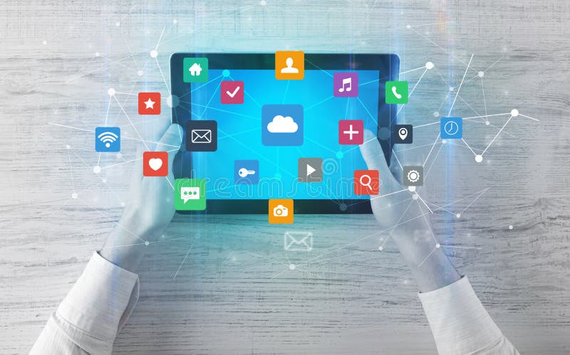 Hand Using Multitask Tablet with Application Symbols and Icons Concept ...