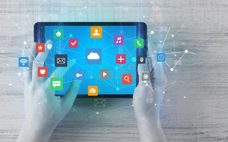 Hand Using Multitask Tablet with Application Symbols and Icons Concept ...