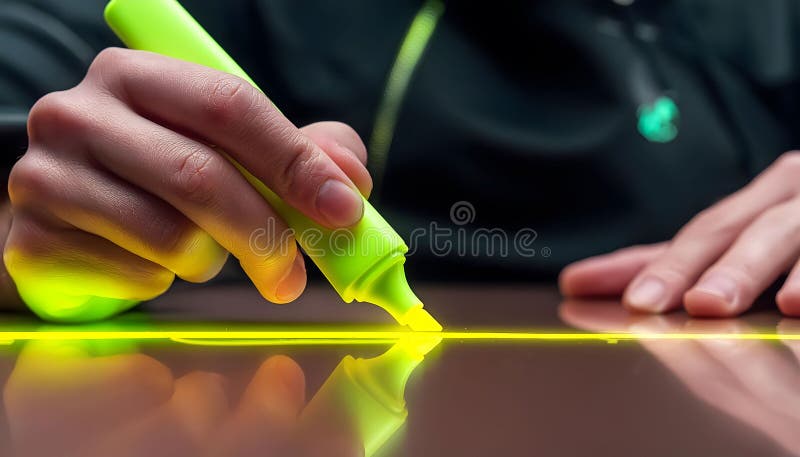 Hand Using a Neon Yellow Highlighter To Draw a Line on a Reflective ...