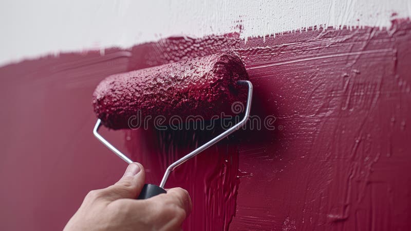 Hand Using a Paint Roller, Applying Red Paint on a Wall. Stock Photo ...