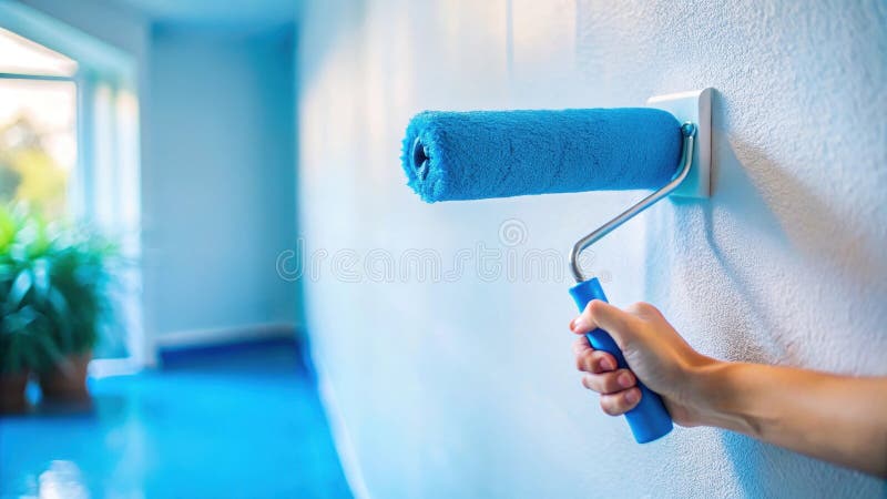 A Hand Using a Paint Roller To Apply a Fresh Coat of Light Blue Paint ...