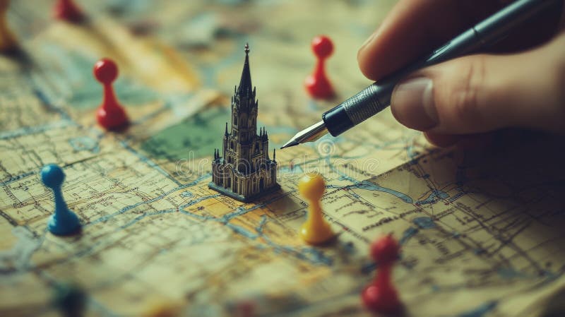 A Hand Using a Pen To Mark Travel Destinations on a Map, Capturing the ...