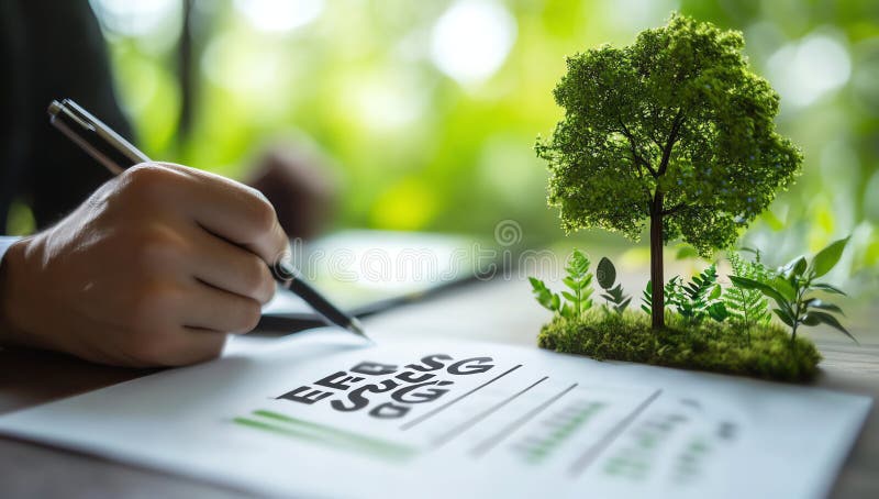 Hand Using a Pen To Sign a Document with a Miniature Tree, Representing ...