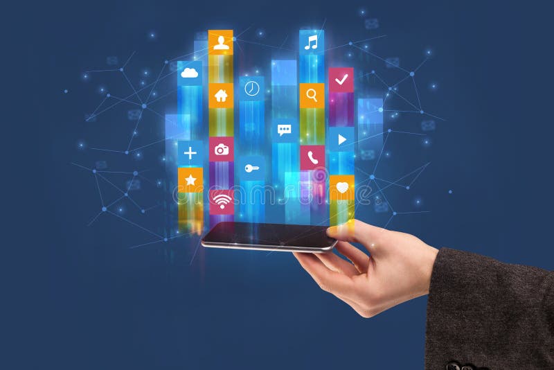 Hand Using Phone with Application Icons Flying Around Stock Image ...